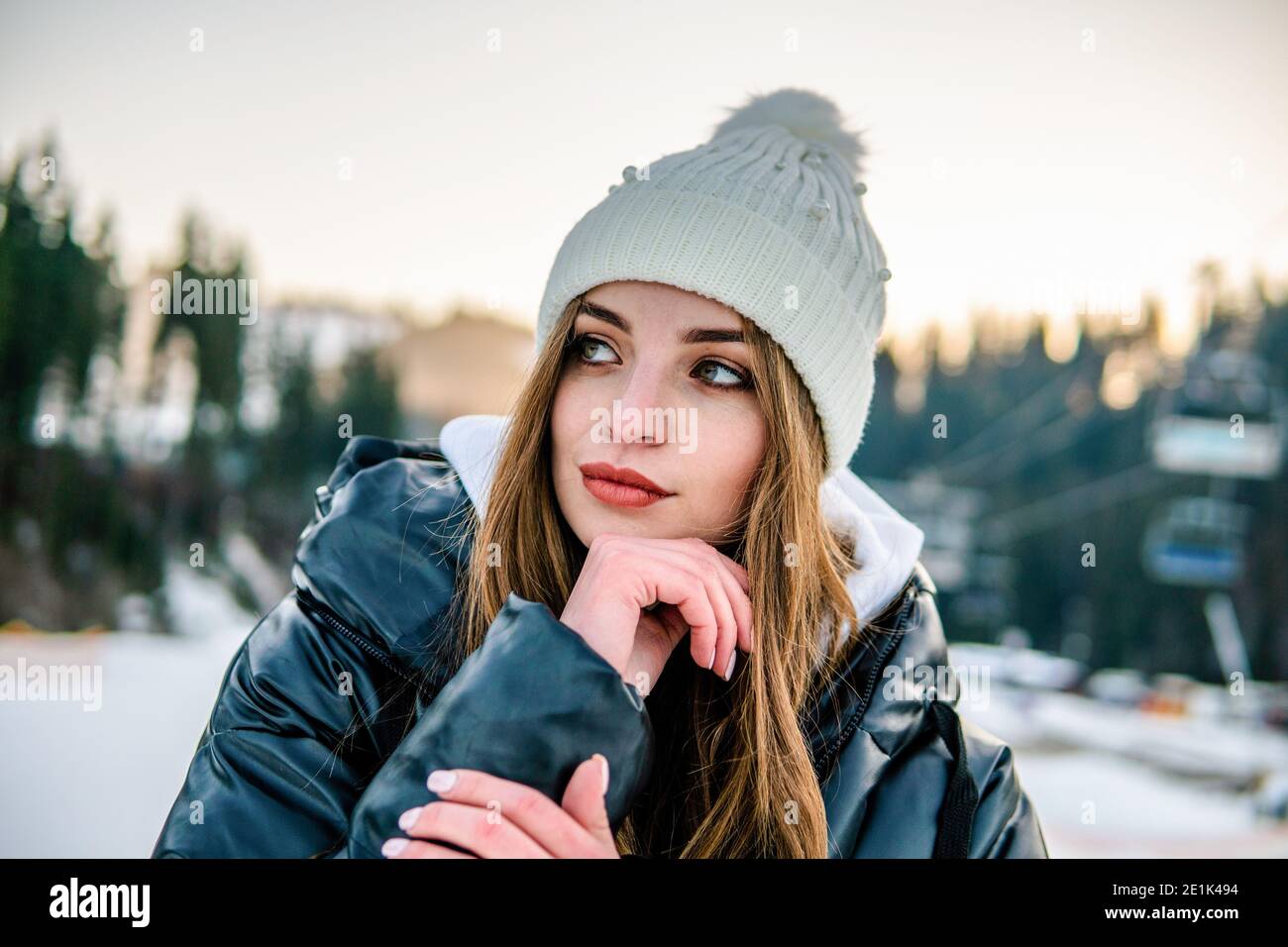 Portrait of Beautiful Cheerful Caucasian Girl On Ski Resort at Winter ...