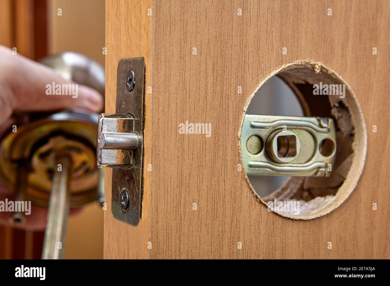 Interior door handle lock latch at the stage of installation Stock ...
