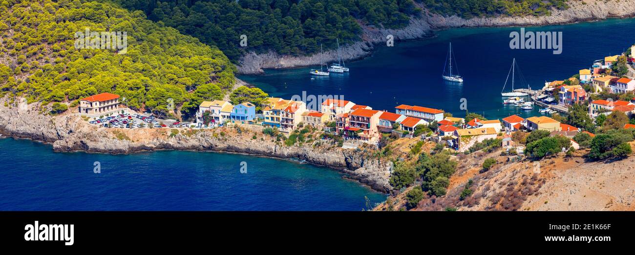 Assos village in Kefalonia, Greece. Turquoise colored bay in ...