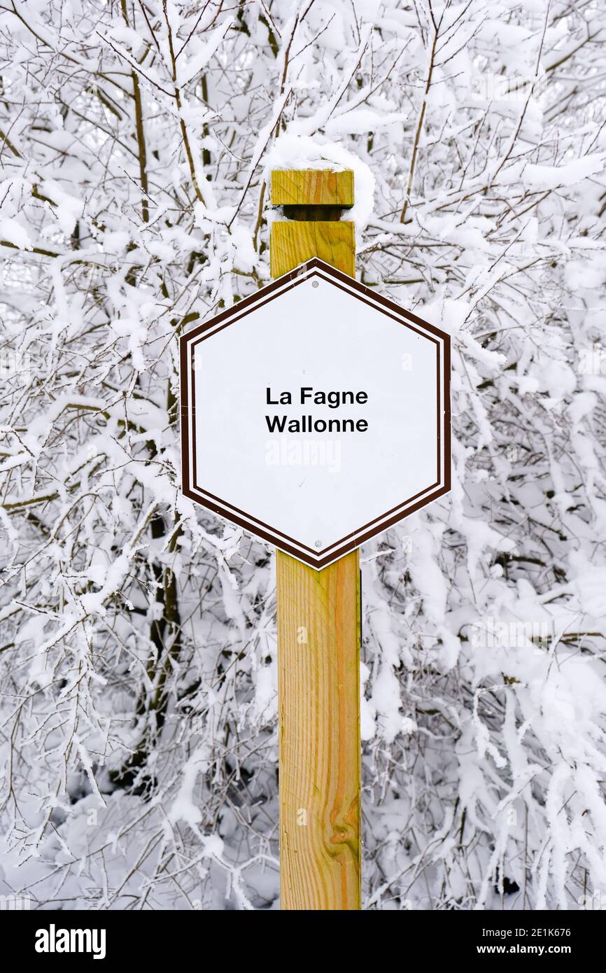 Wooden sign in a forest with snow Stock Photo - Alamy