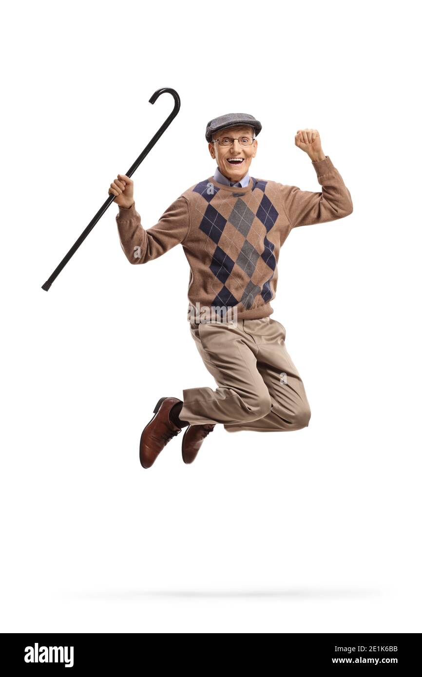Full length portrait of an elderly man with a cane jumping and smiling ...