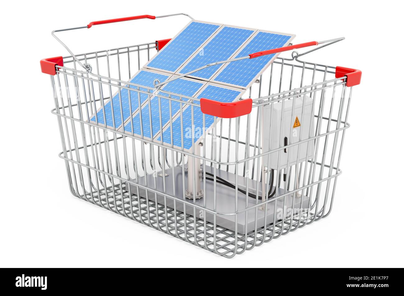 Solar panel inside shopping basket, 3D rendering isolated on white ...