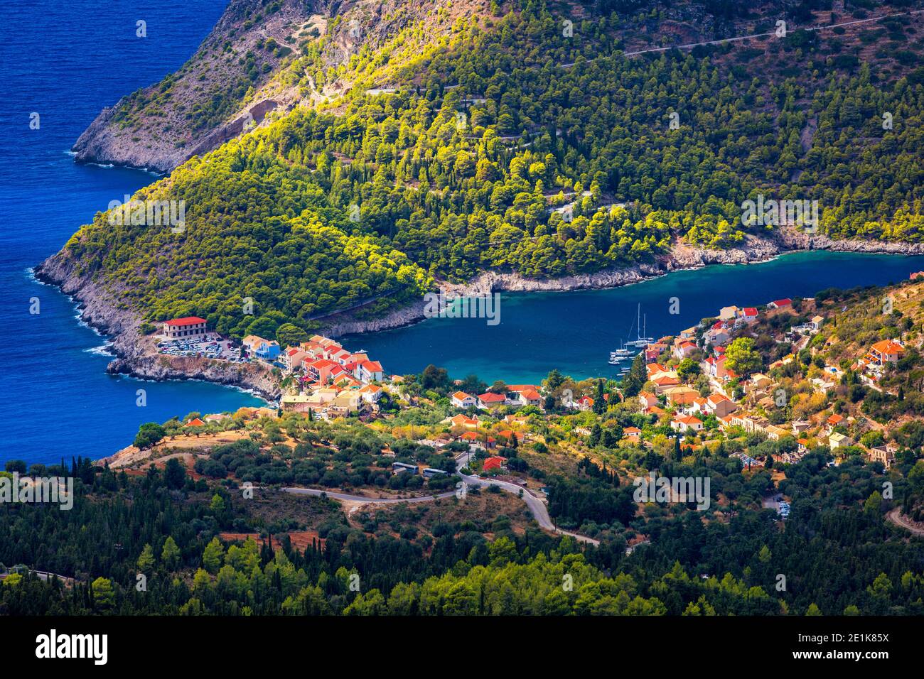 Assos village in Kefalonia, Greece. Turquoise colored bay in ...