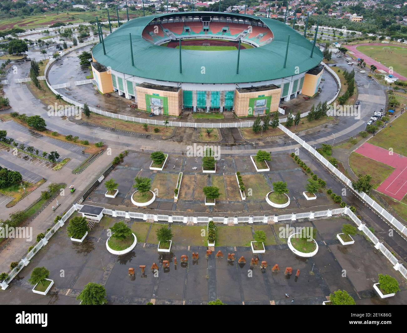 Aerial view of The largest stadium of Pakansari Stadium from drone ...