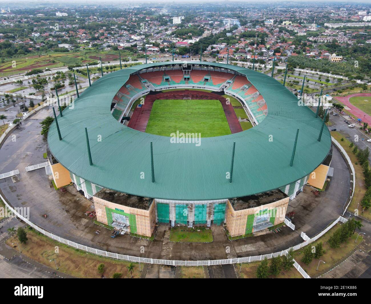 Aerial view of The largest stadium of Pakansari Stadium from drone ...