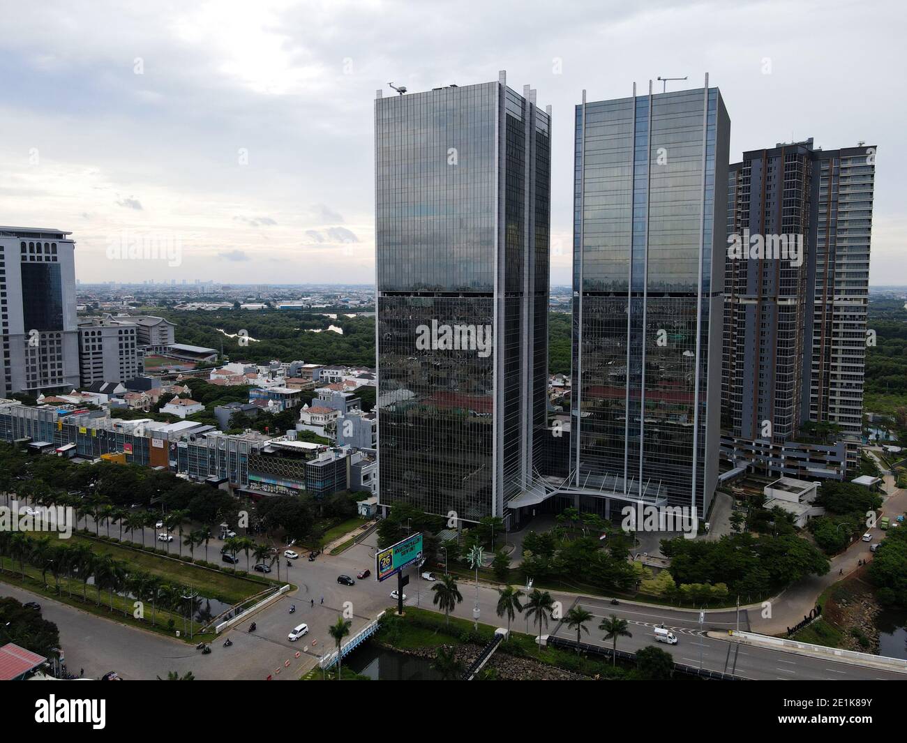 Aerial view of office buildings in Jakarta central business district ...