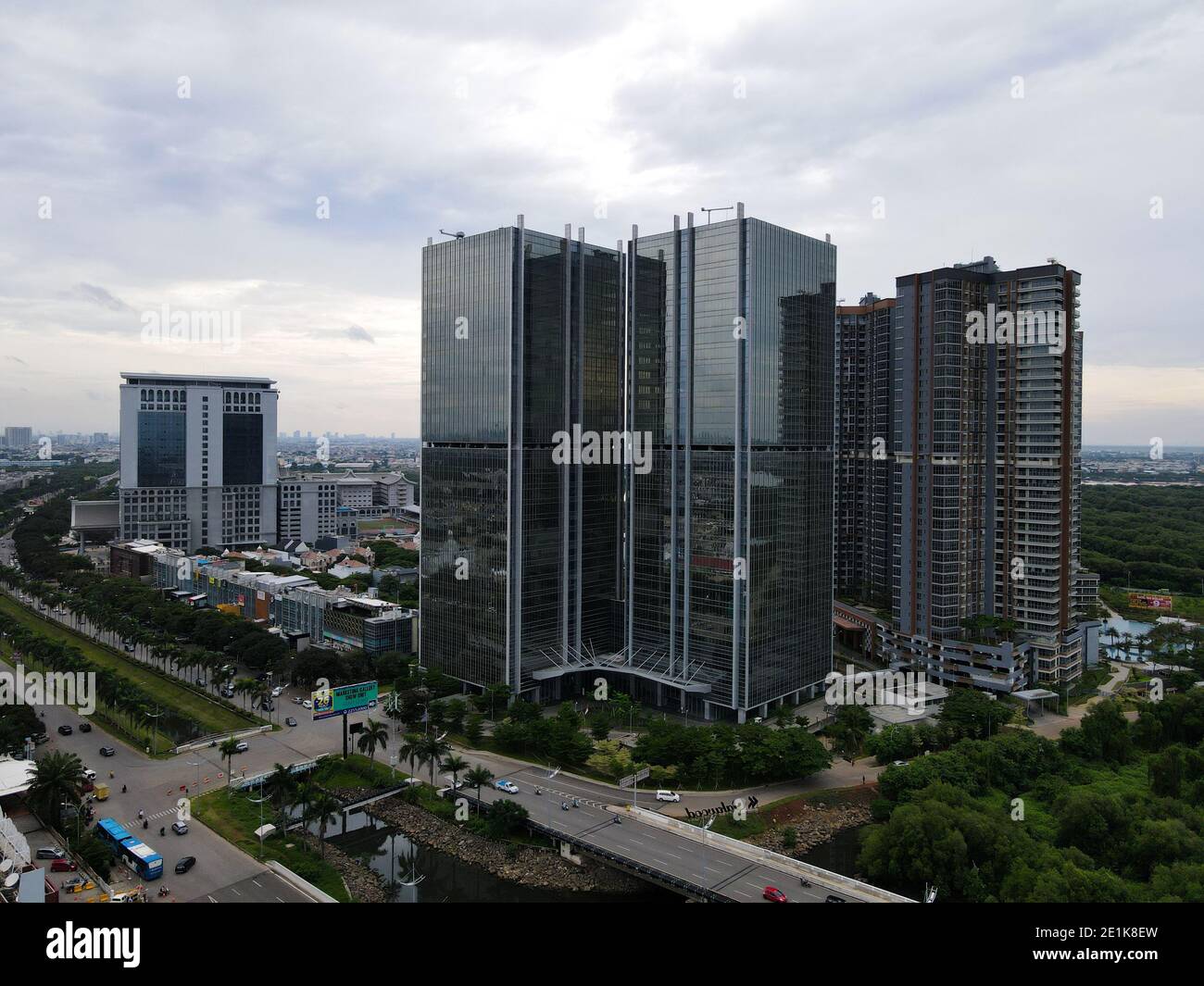 Aerial view of office buildings in Jakarta central business district ...