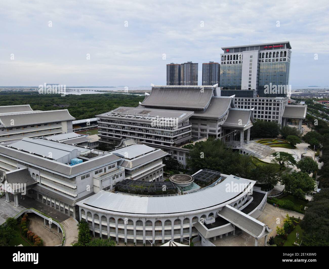 Aerial view of Buddhist architecture building in Jakarta, This building ...