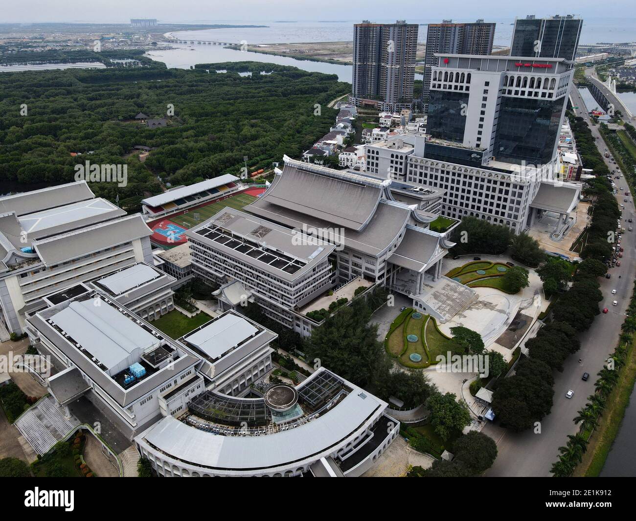 Aerial view of Buddhist architecture building in Jakarta, This building ...