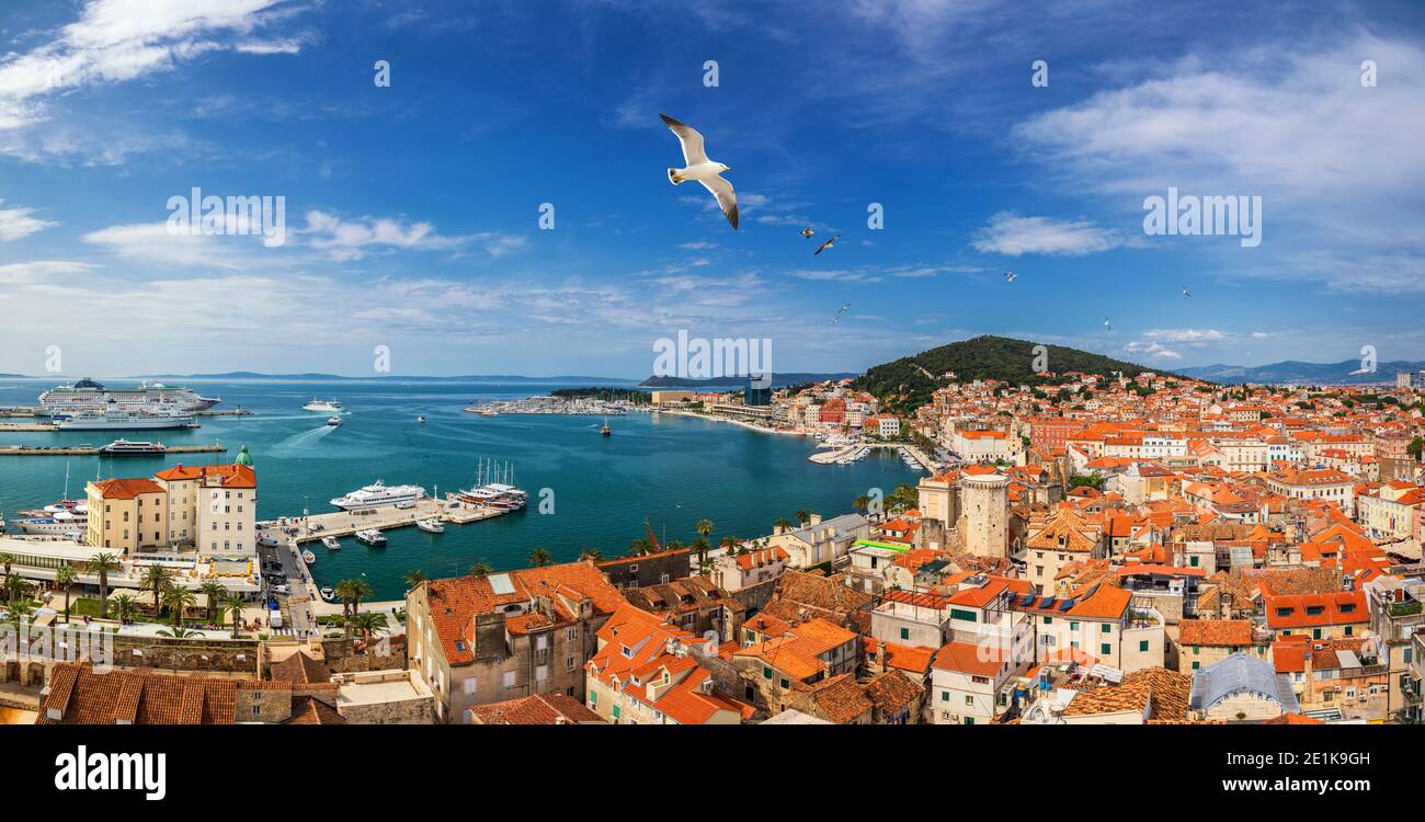 Split waterfront and Marjan hill aerial view, Dalmatia, Croatia ...