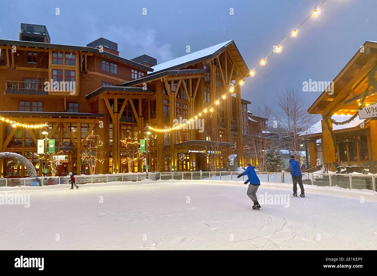 Ice skating rink at Stowe Mountain resort Spruce peak village, early ...