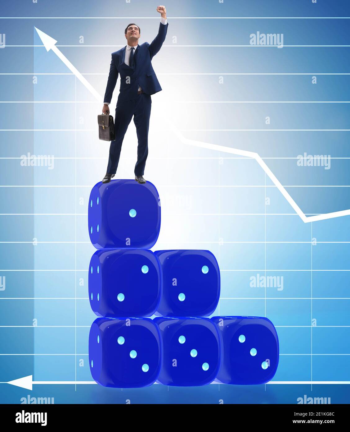 Businessman balancing on top of dice stack in uncertainty concept Stock ...