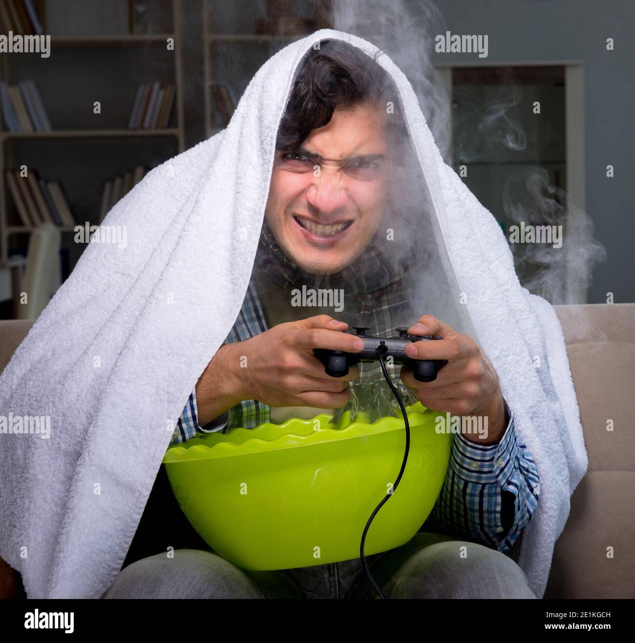 The sick man doing inhalation at night in home Stock Photo - Alamy