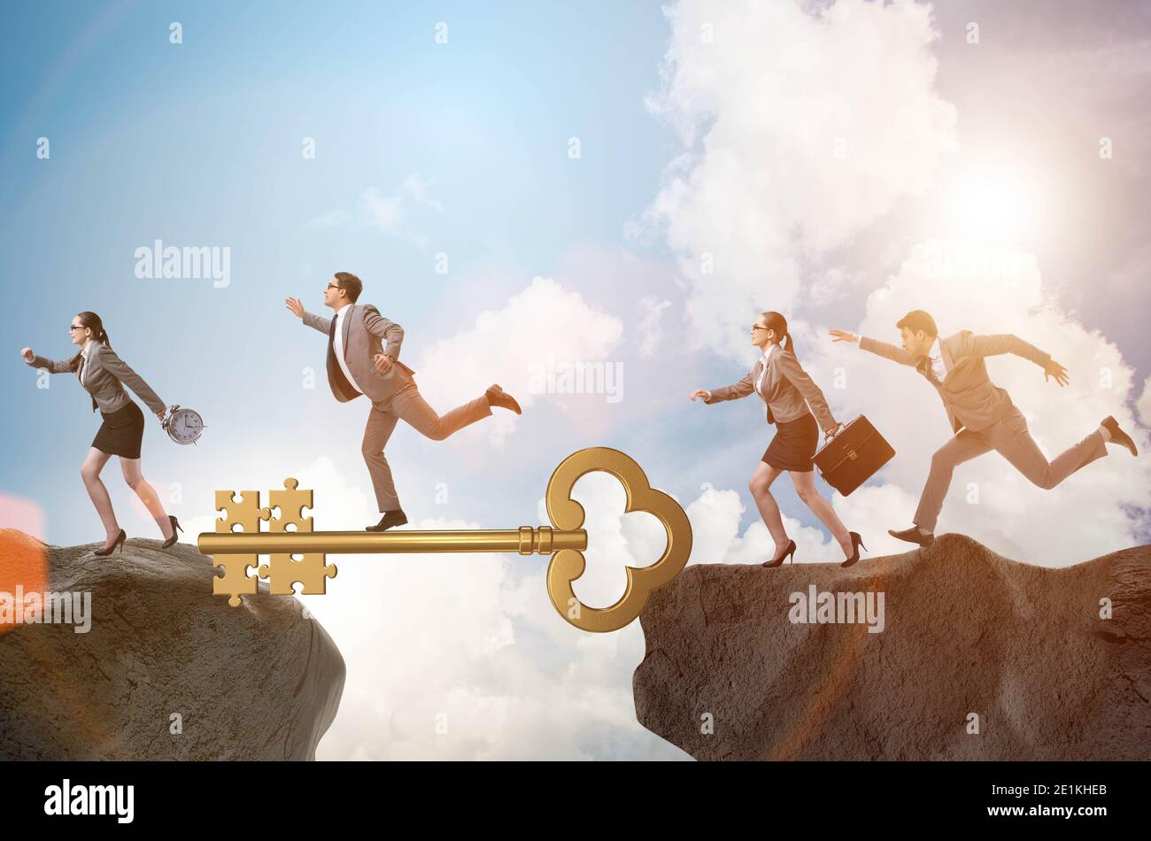 The business people chasing each other towards key to success Stock ...