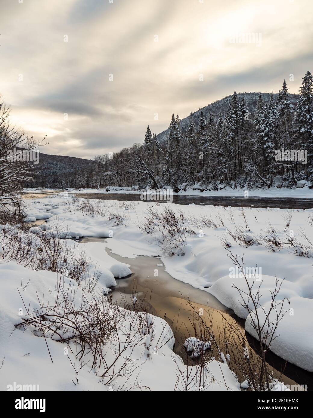 Canadian winter landscape of a river with snowy shores Stock Photo - Alamy