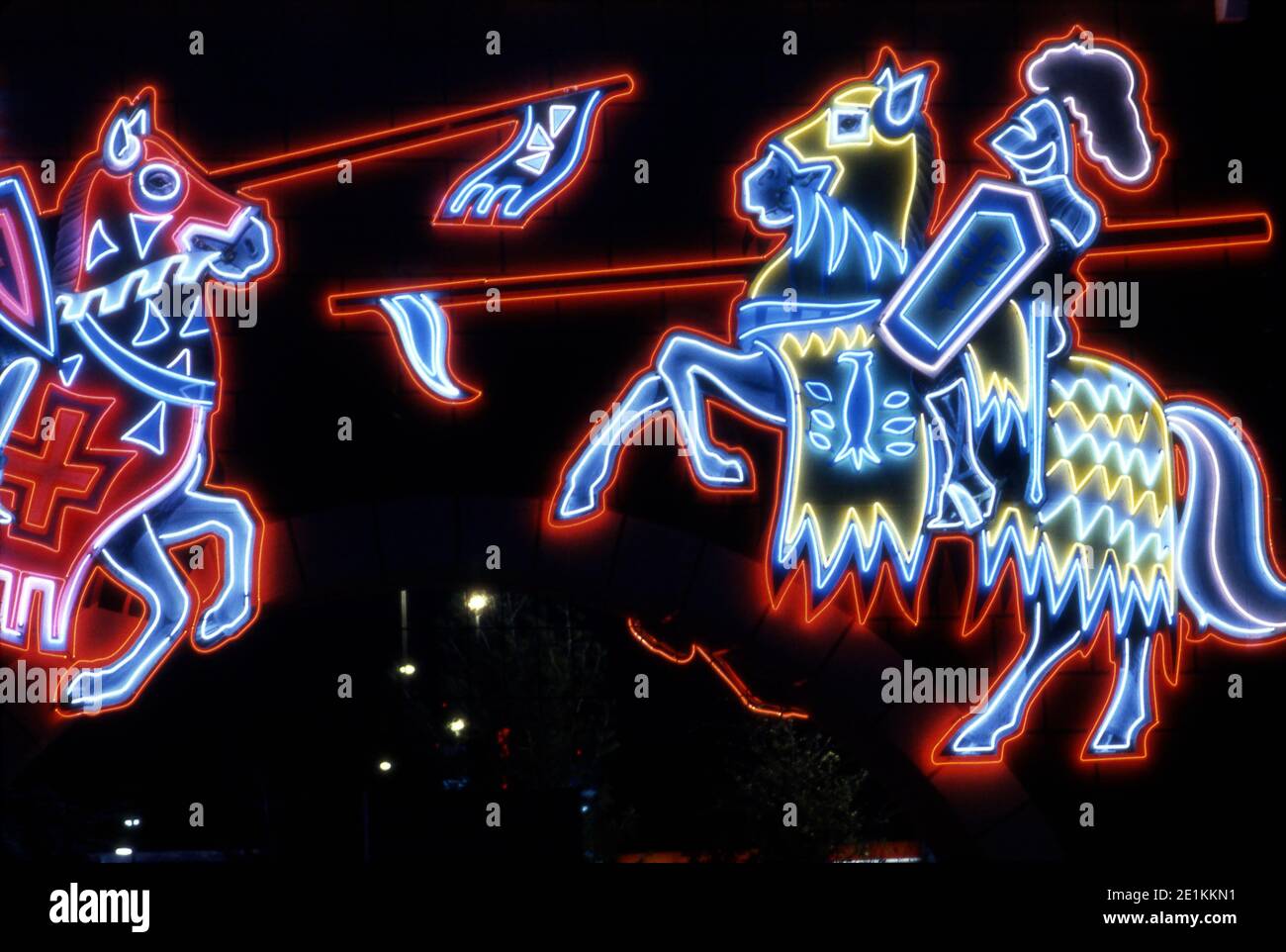 Neon signs of knights in jousting competition at the Excalibur Hotel in ...