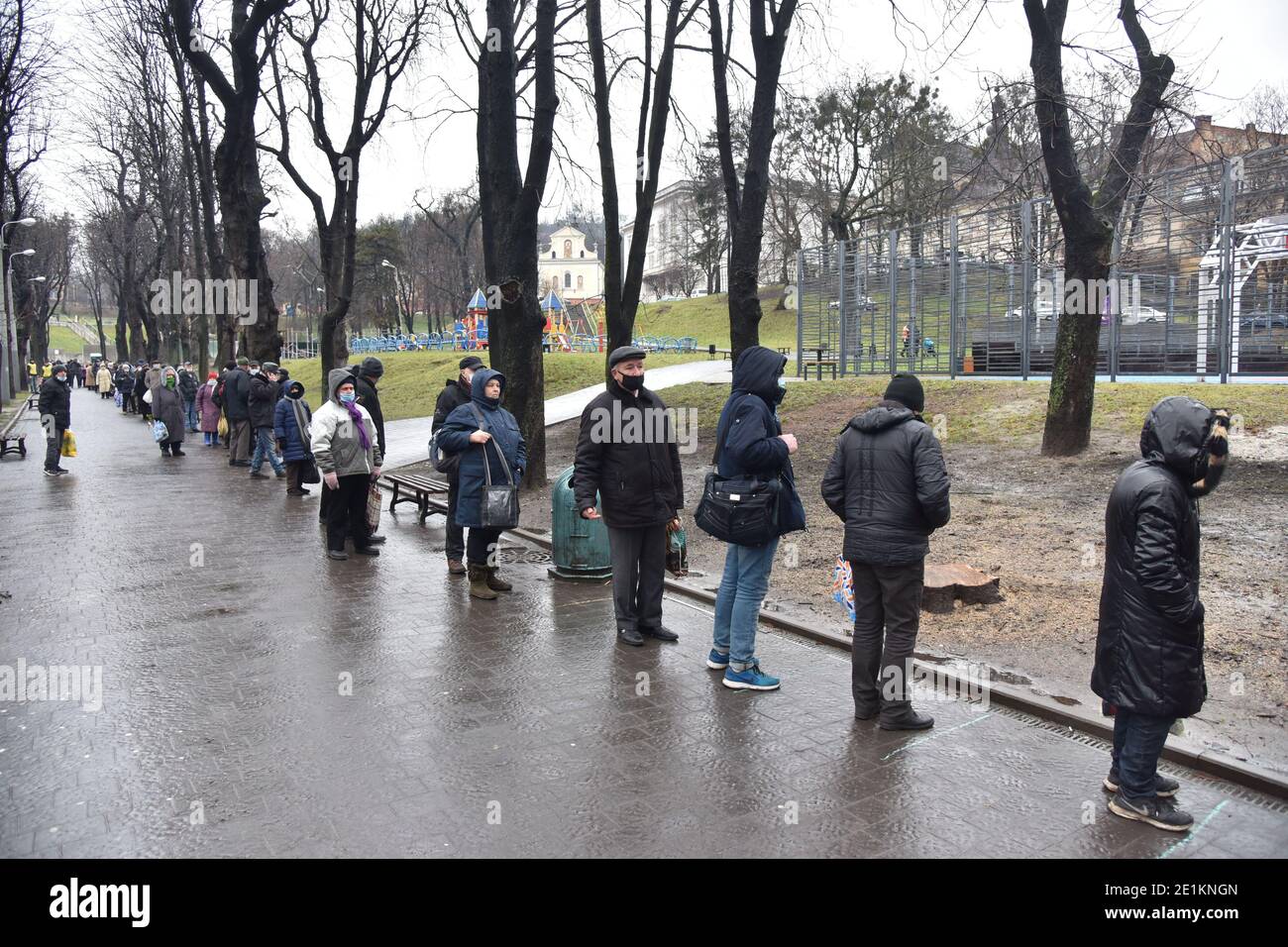 Lviv, Ukraine. 07th Jan, 2021. People stand in a line during the ...