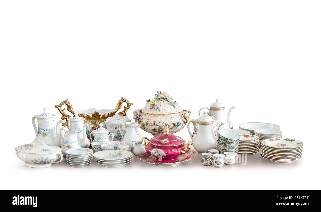 Collection of antique chinaware displayed on the white background Stock ...