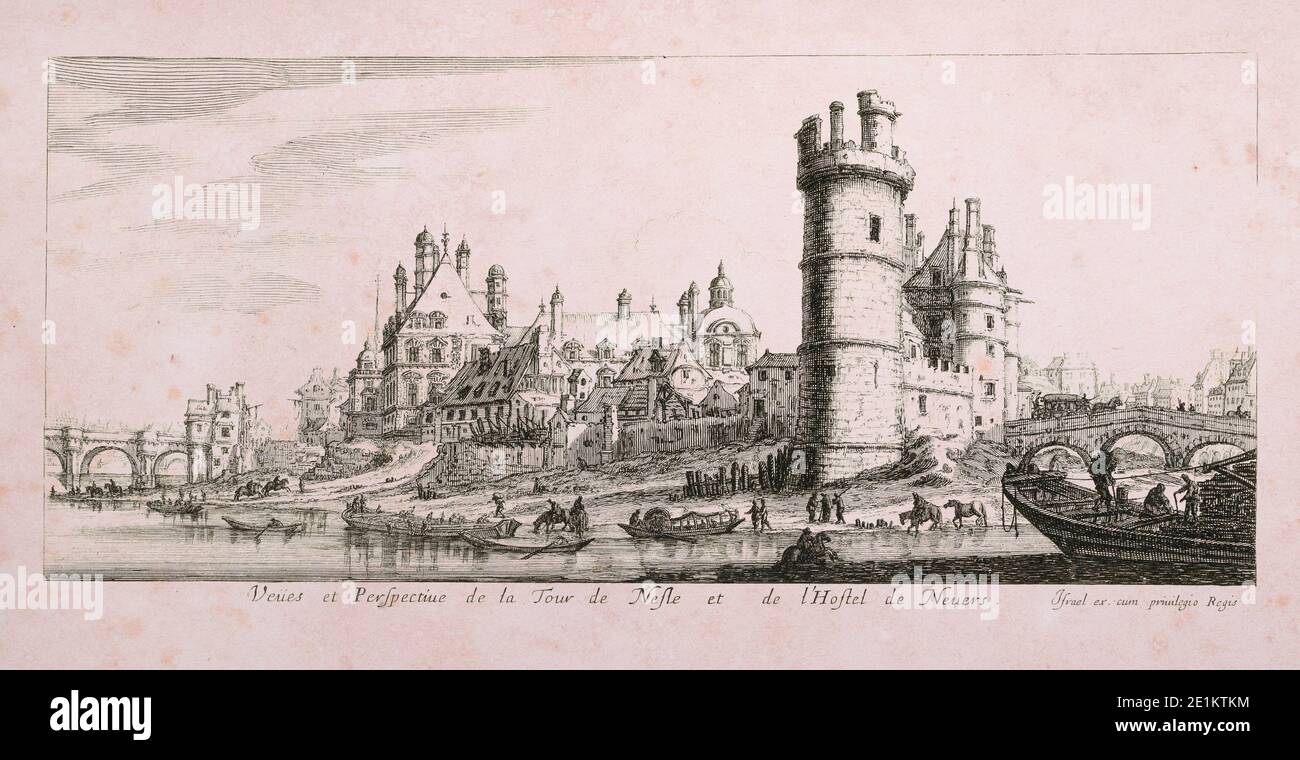 Antique engraving of views and perspective of the Tour de Nesle (Nesle's Tower) and the Hostel ...