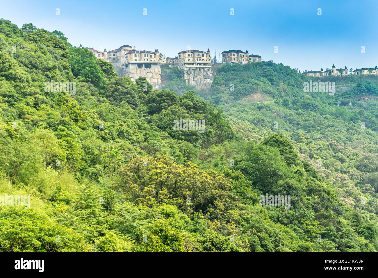 Modern castle at the top of mountain at summer time in the Oversea ...