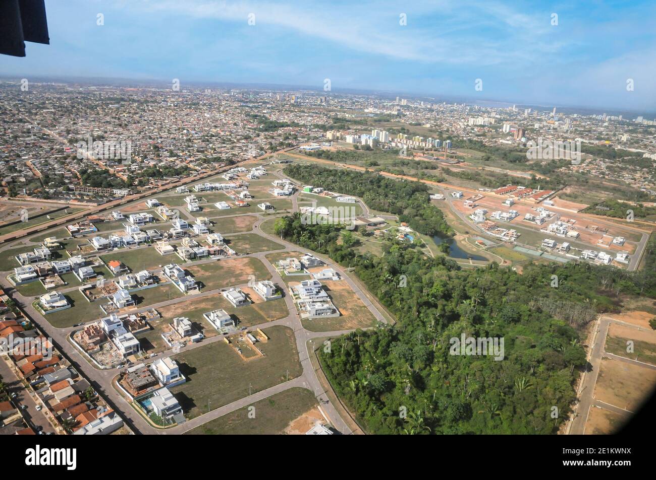 Aerial view of a human settlement in the Brazilian rainforest showing ...