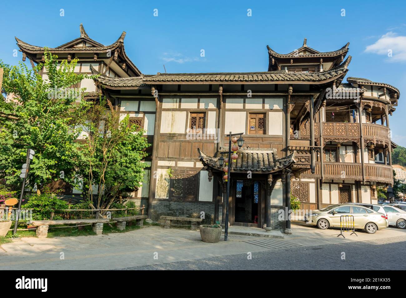 Ancient Chinese castle with red lantern hanging at Gankeng Hakka ...