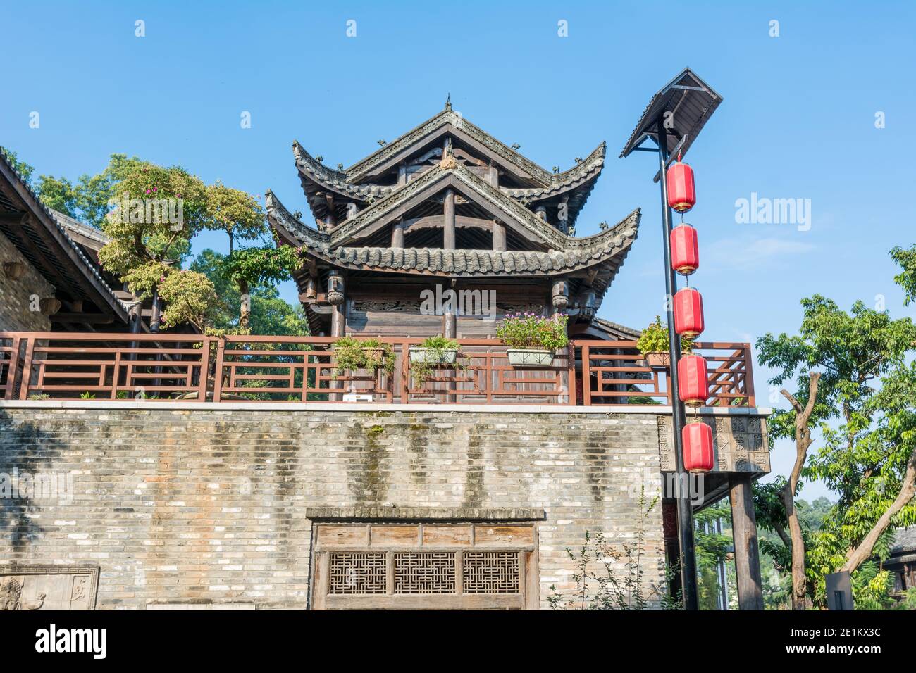 Ancient Chinese castle with red lantern hanging at Gankeng Hakka ...