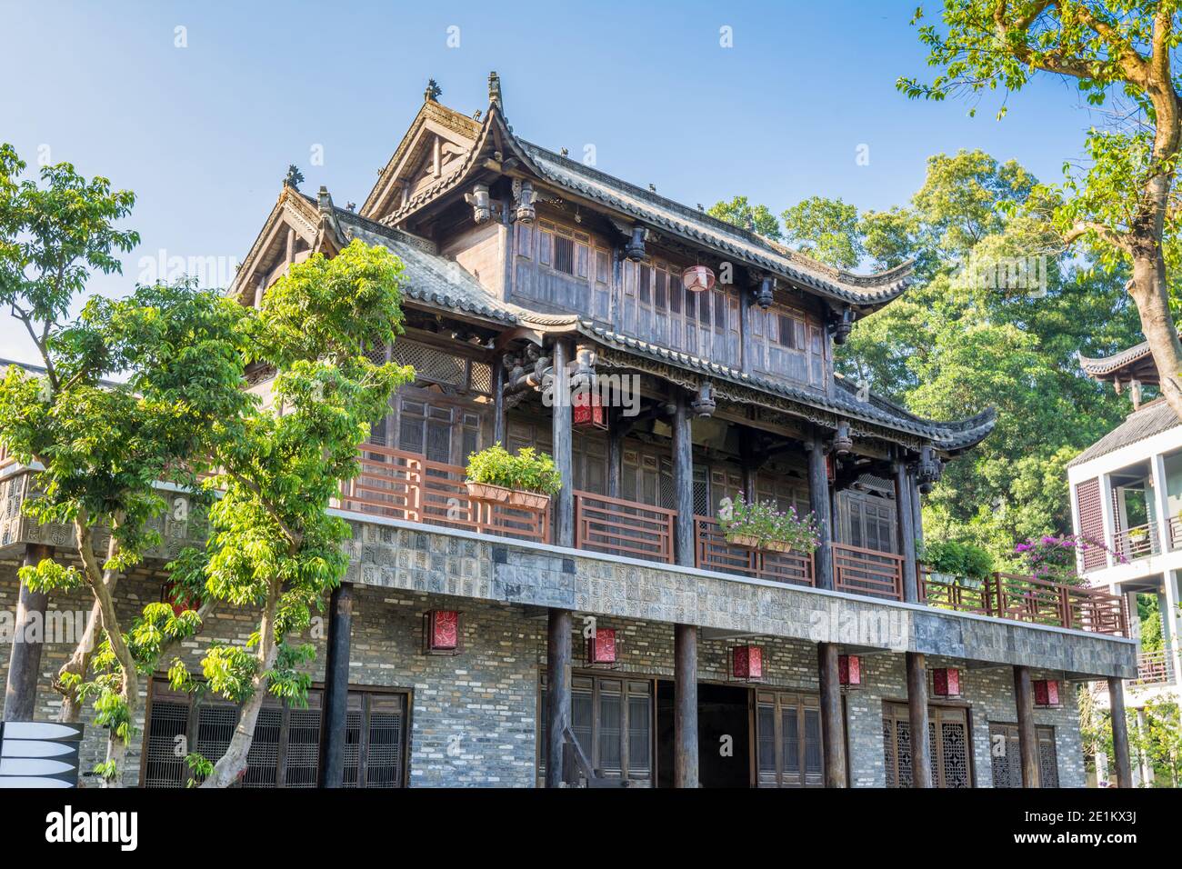 Ancient Chinese castle with red lantern hanging at Gankeng Hakka ...
