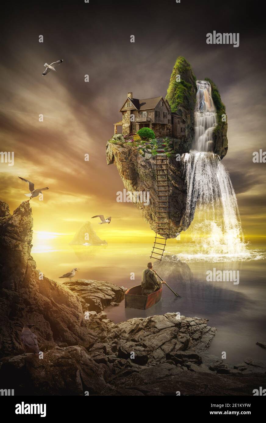 fabulous island flying over water Stock Photo - Alamy