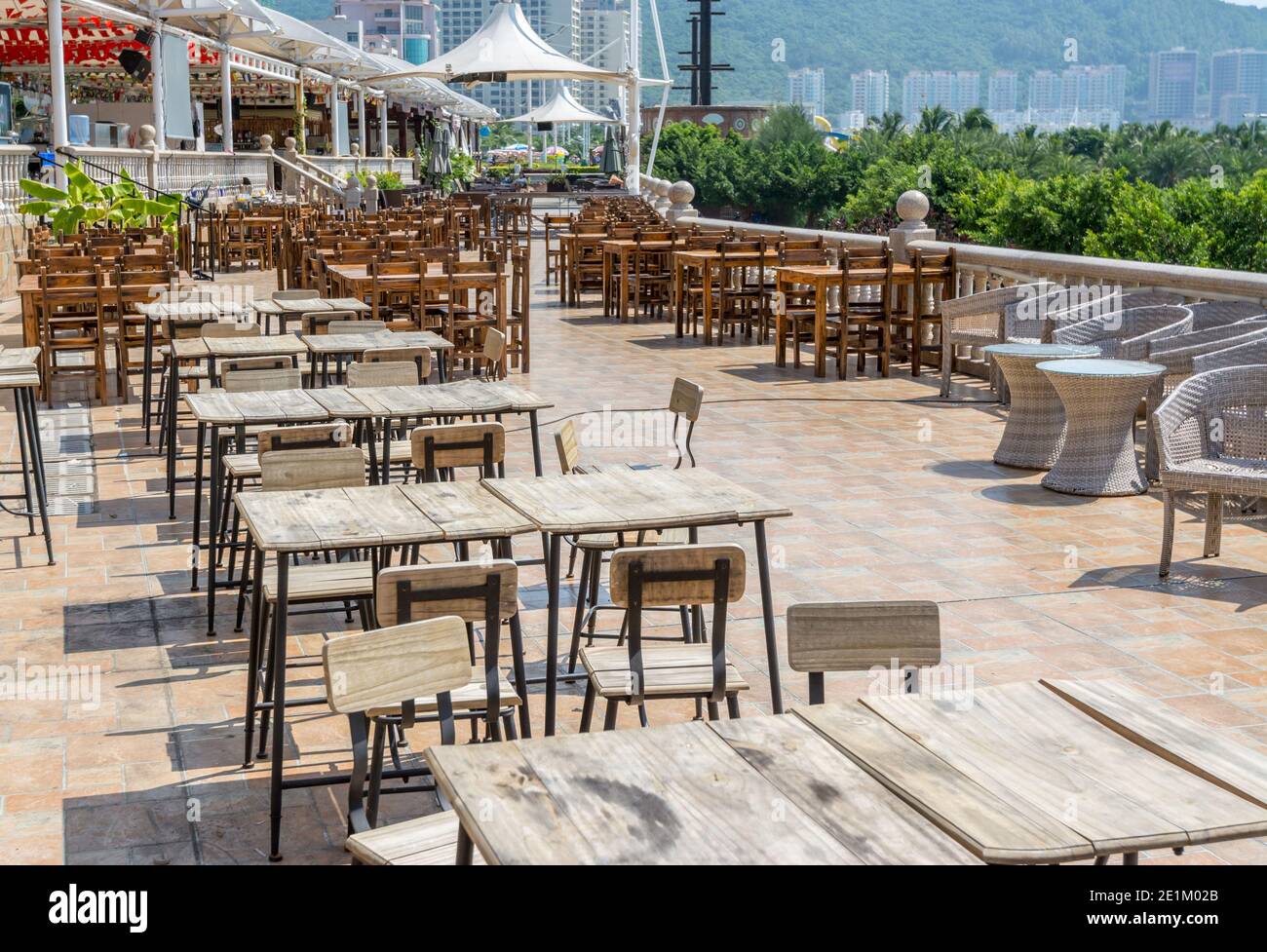 Vintage Wooden tables and Chair at the outside restaurant or pub in ...