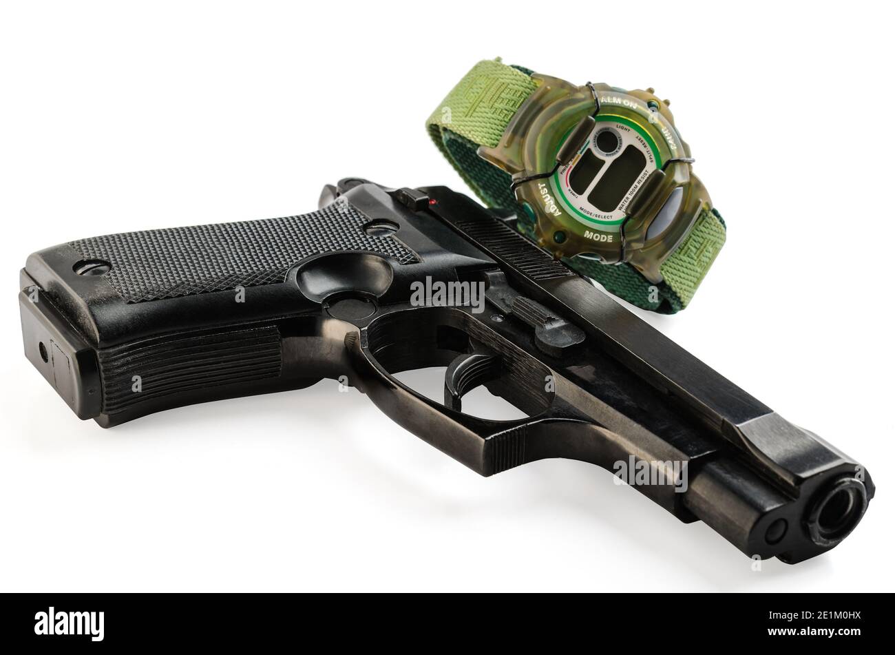 gun and Electronic Wrist Watch on white background Stock Photo - Alamy