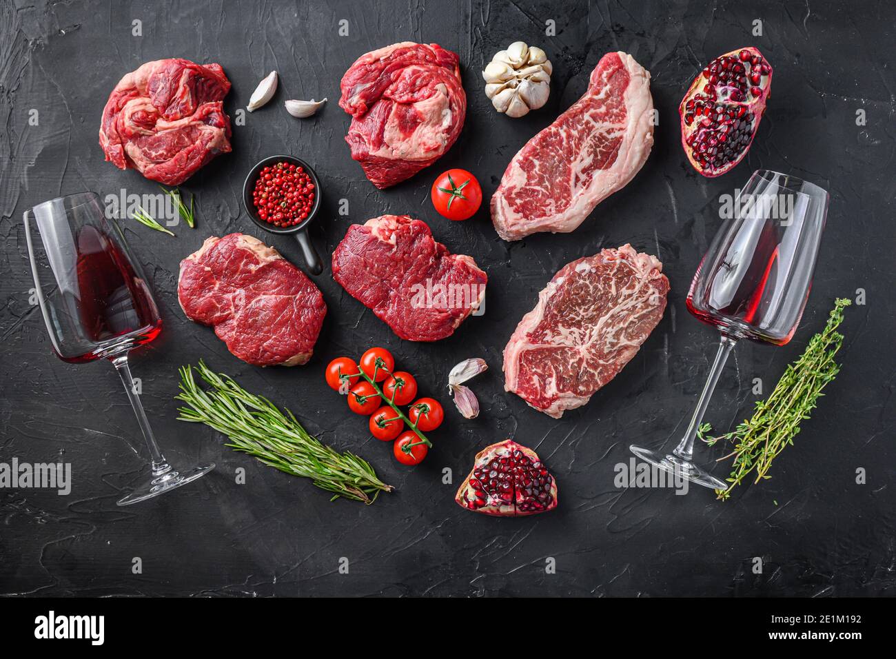 Set of various beef steak cuts, chuck roll, rump andtop blade steak ...