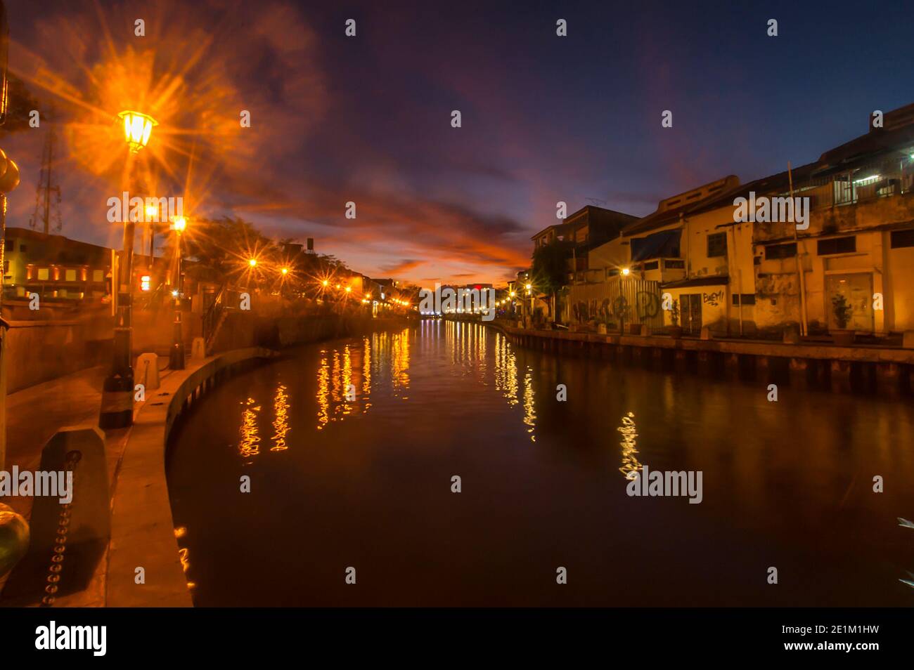 View of Malacca river during blue hour Stock Photo - Alamy