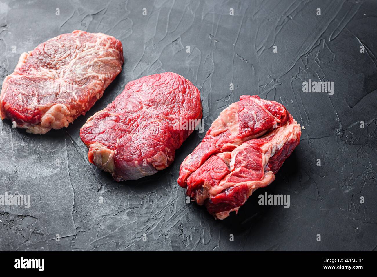 Set of organic alternative cuts beef steaks, top blade, rump and chuck ...