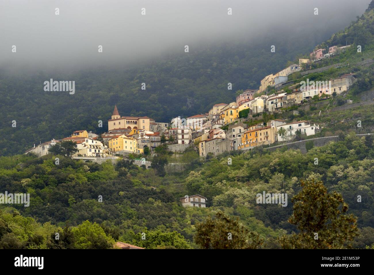 Maratea, Basilicata, Italy. Upper Maratea village on slopes overlooking ...