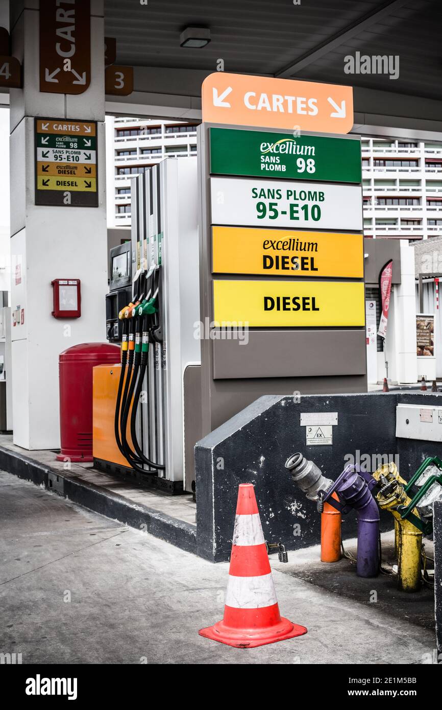 Colorfull fuel gasoline dispenser background. Fuel pumps station close ...