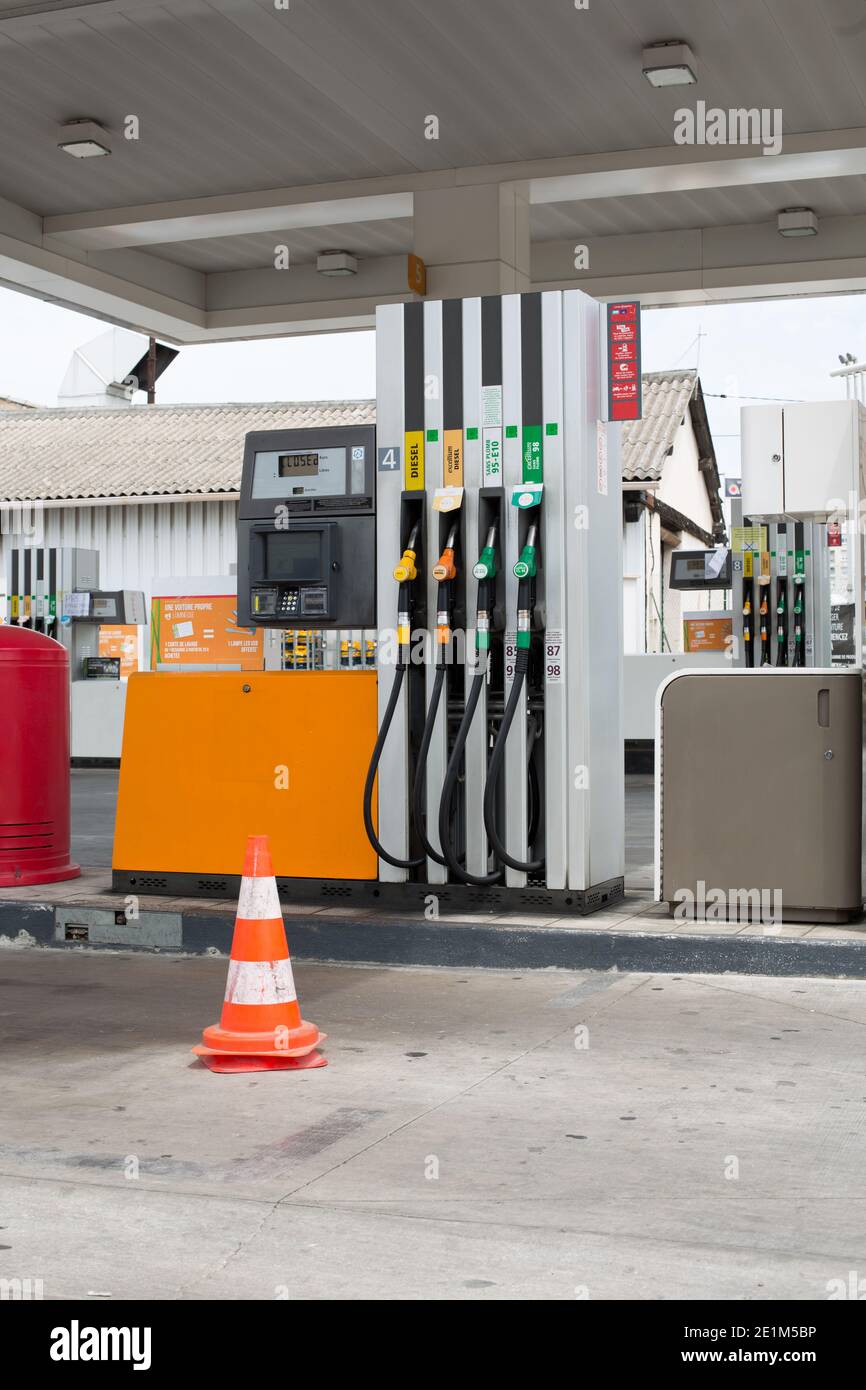 Colorfull fuel gasoline dispenser background. Fuel pumps station close ...