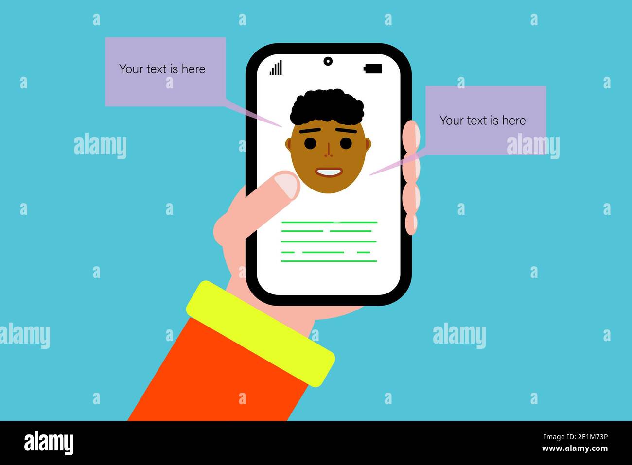 Hand holding a mobile phone with human face on screen. Space for text ...