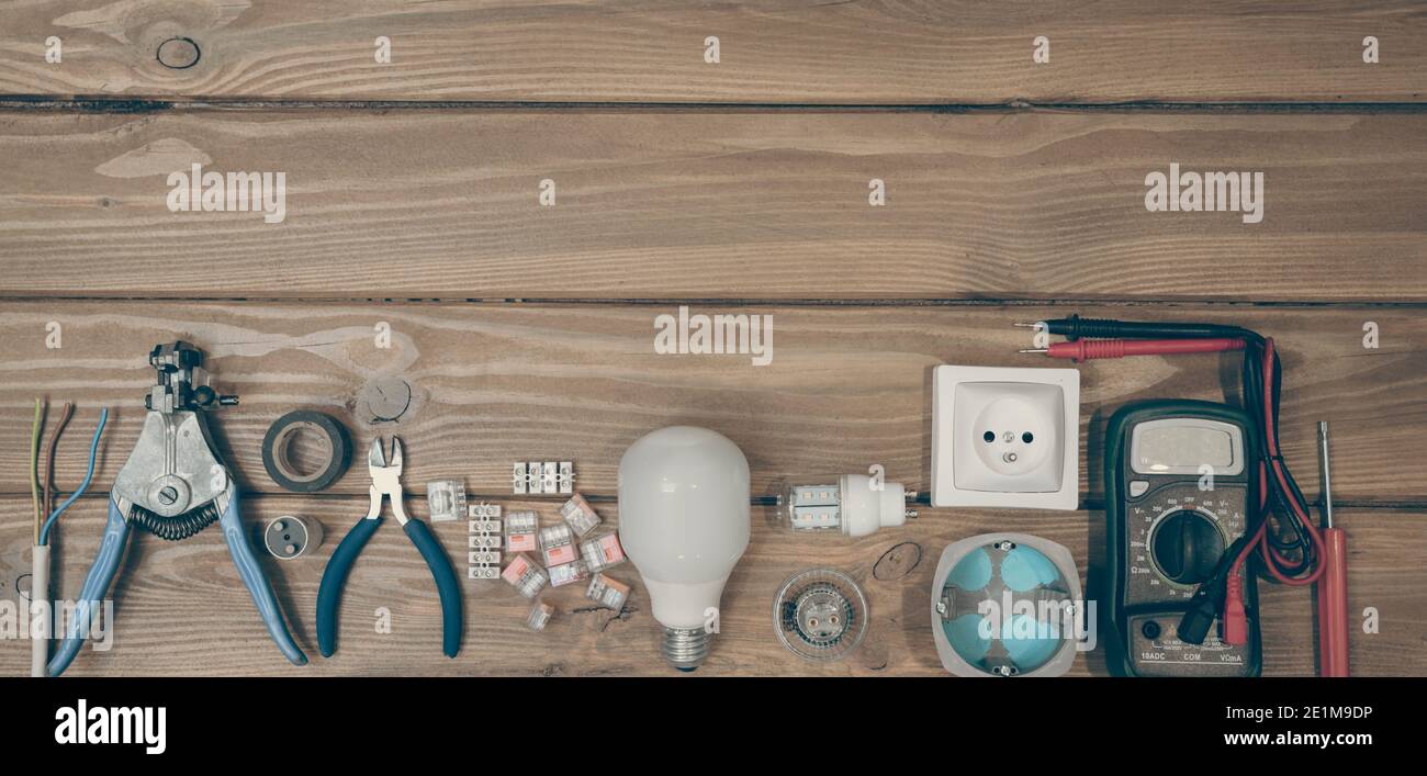 assortments of tools and items related to electricity Stock Photo - Alamy