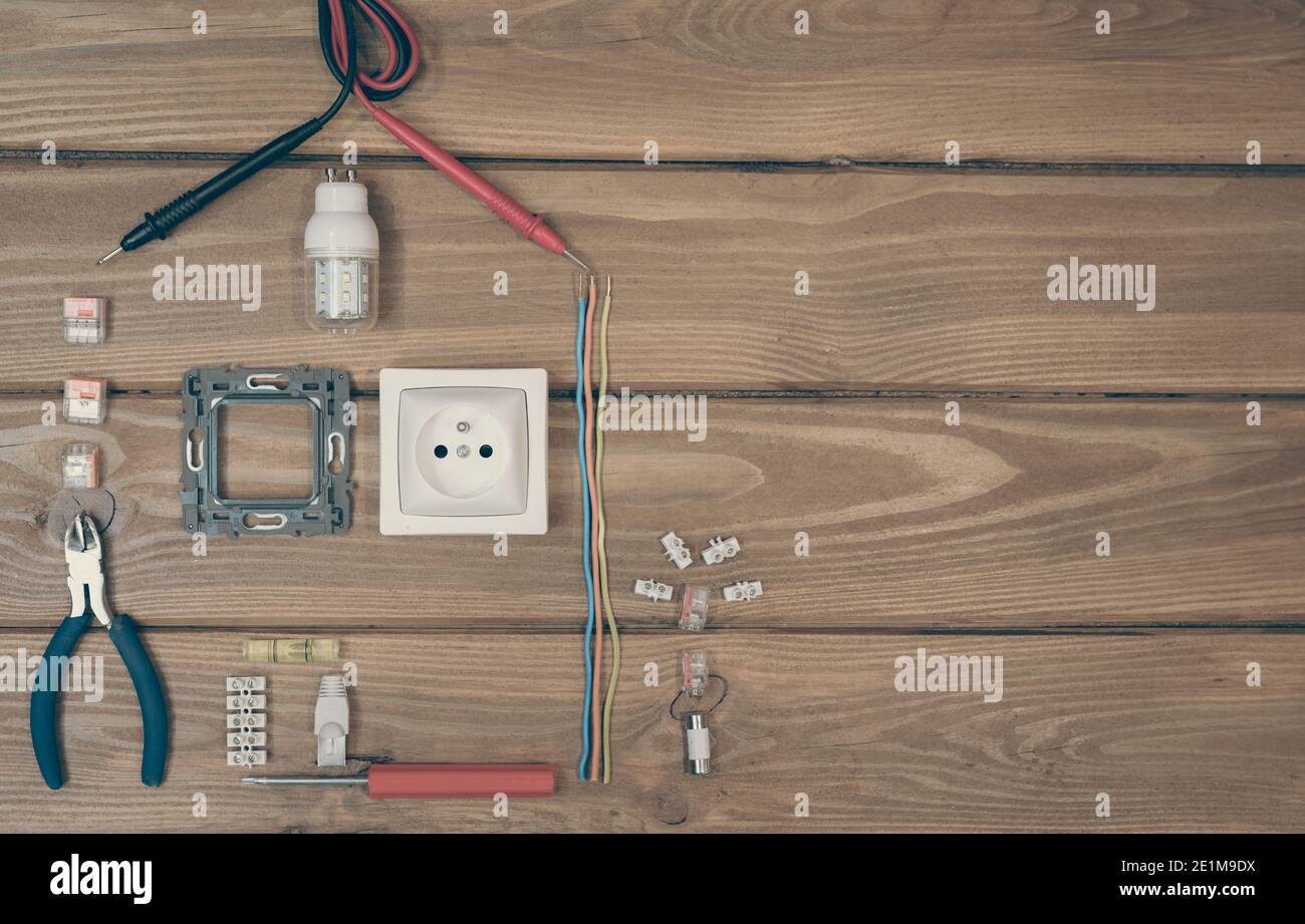 assortments of tools and items related to electricity Stock Photo - Alamy