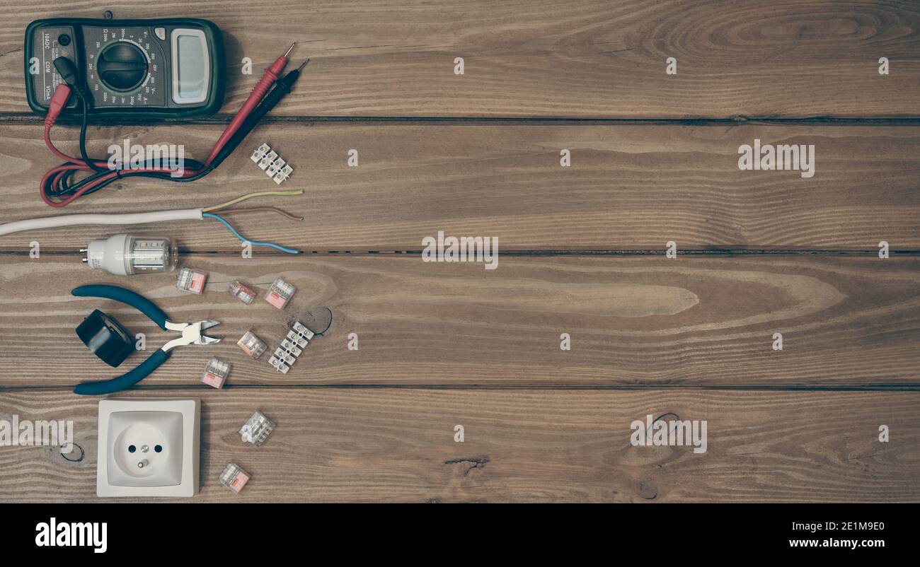 assortments of tools and items related to electricity Stock Photo - Alamy