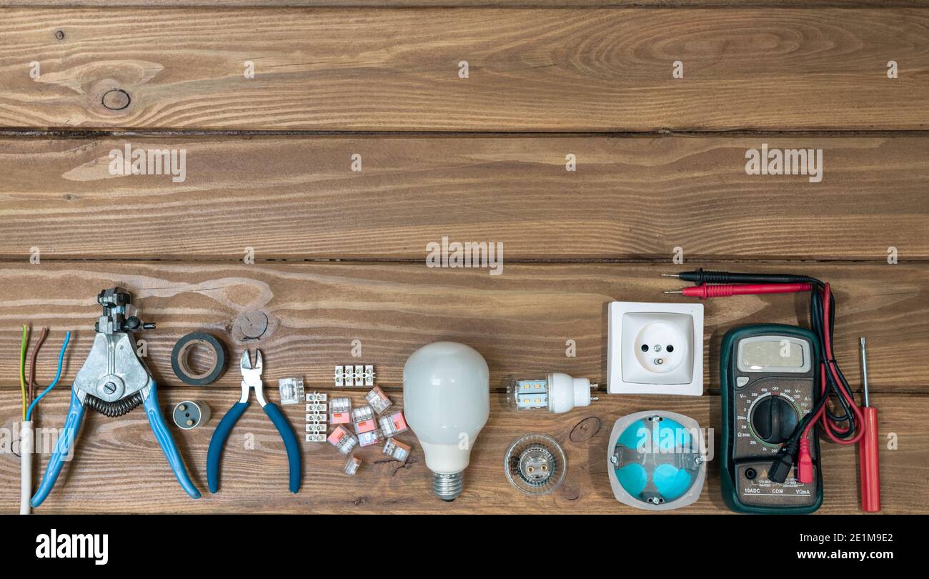 assortments of tools and items related to electricity Stock Photo - Alamy