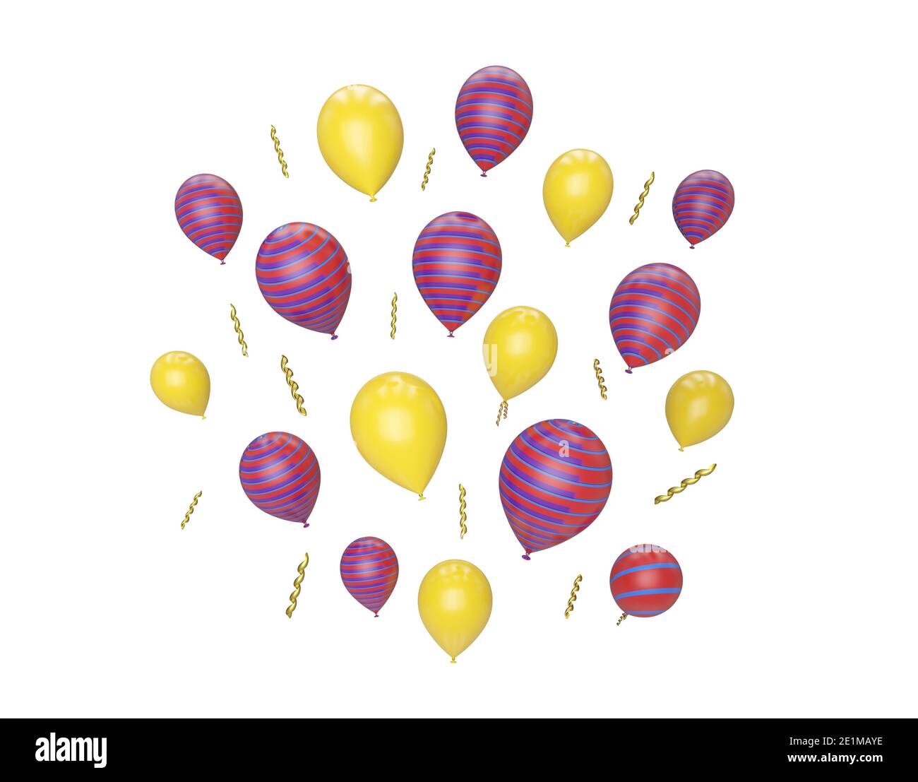 a lot of striped and yellow balloons flying isolated on white, 3d ...