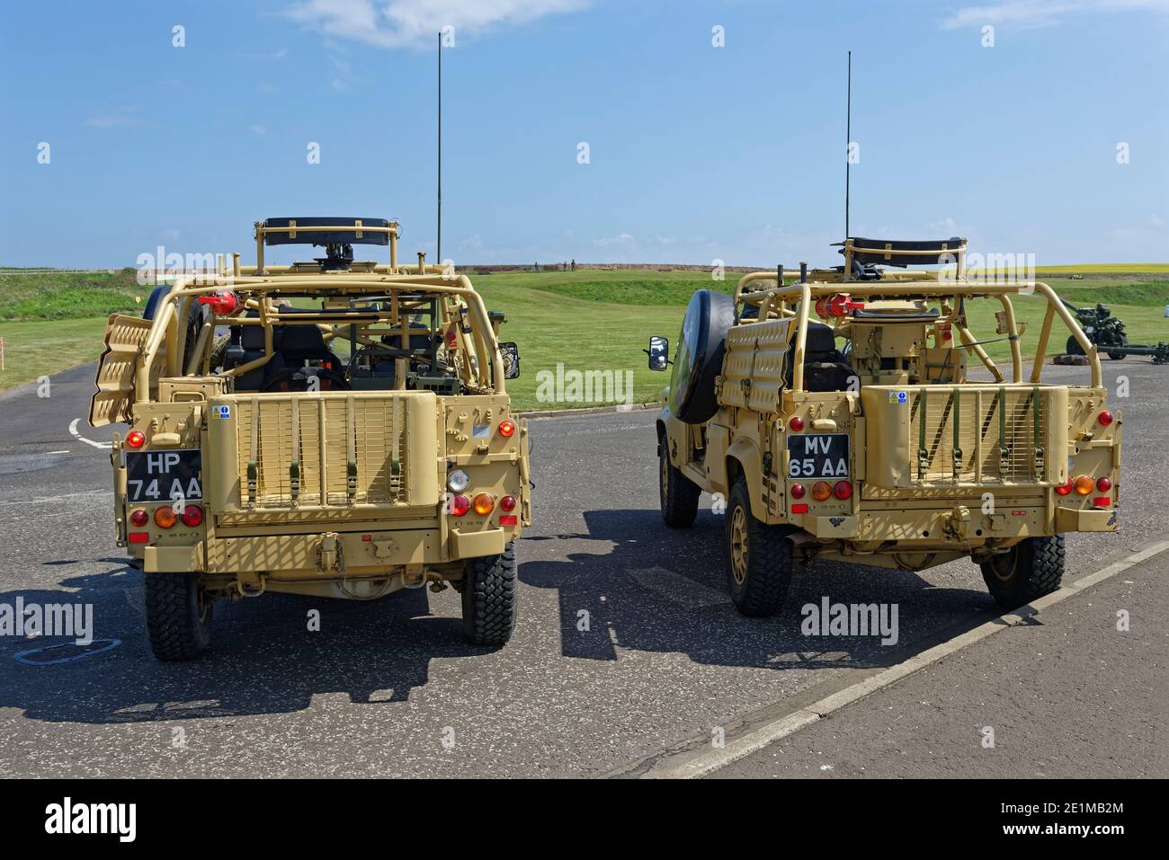 The rear of 2 specialised Army Patrol Land Rovers used in deserts and ...