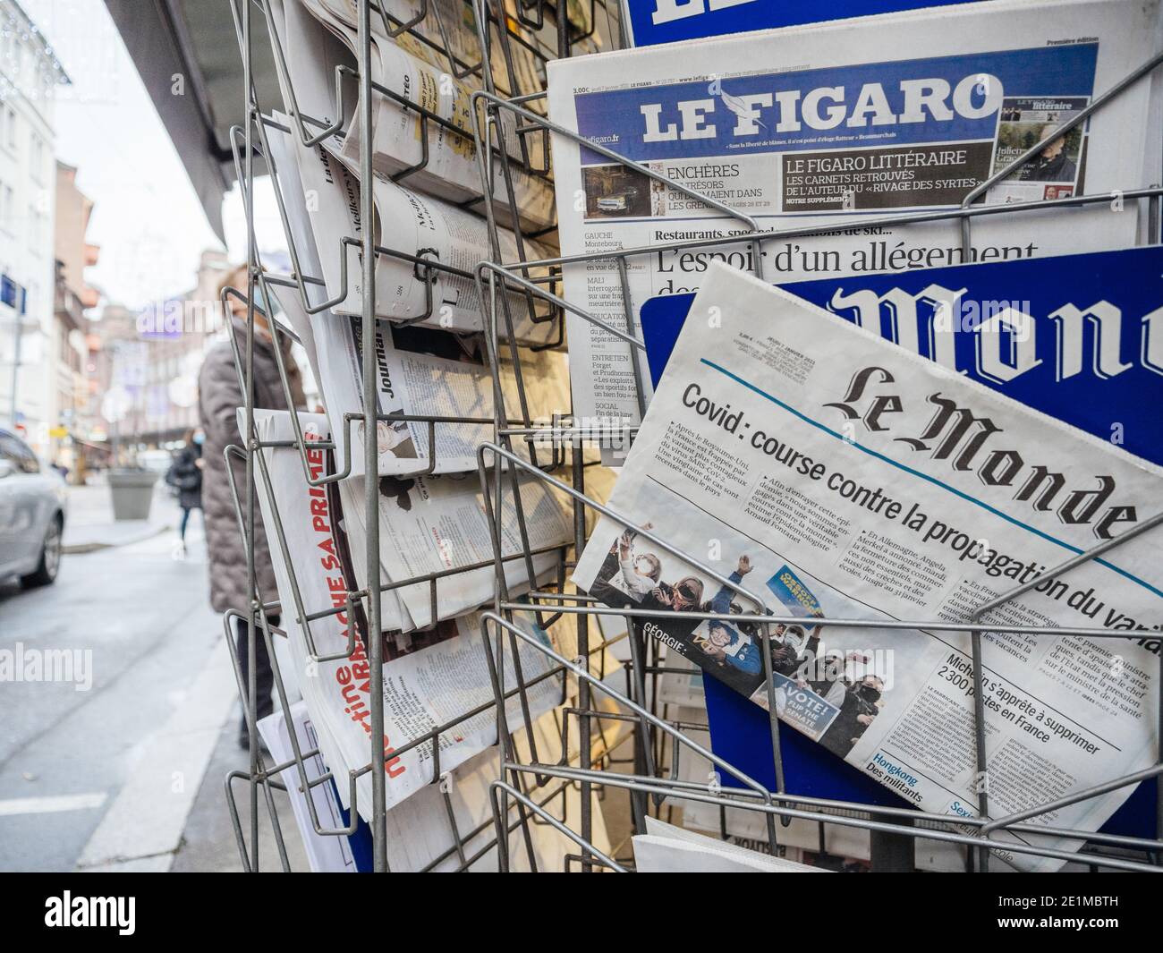 Paris, France - Jan 7, 2020: French newspaper Le monde on press kiosk ...