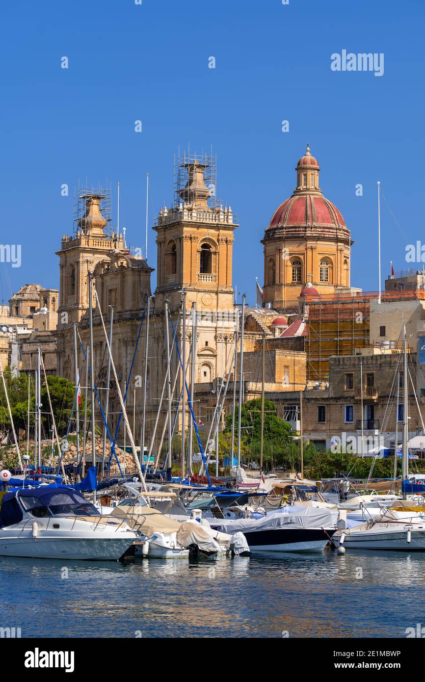 City of Birgu in Malta, St. Lawrence Church and Vittoriosa Yacht Marina ...
