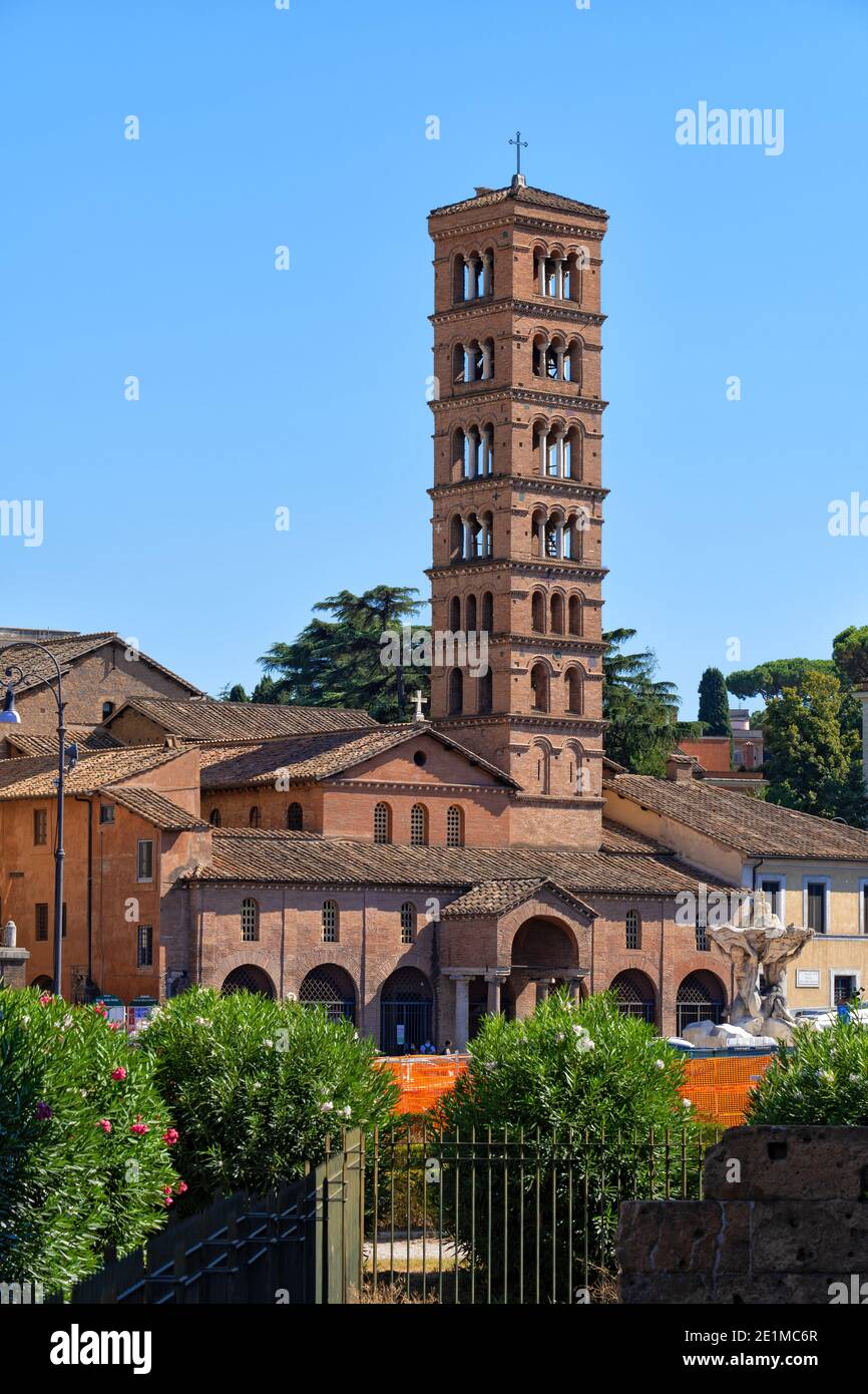 Medieval church bell tower of the Basilica of Saint Mary in Cosmedin in ...