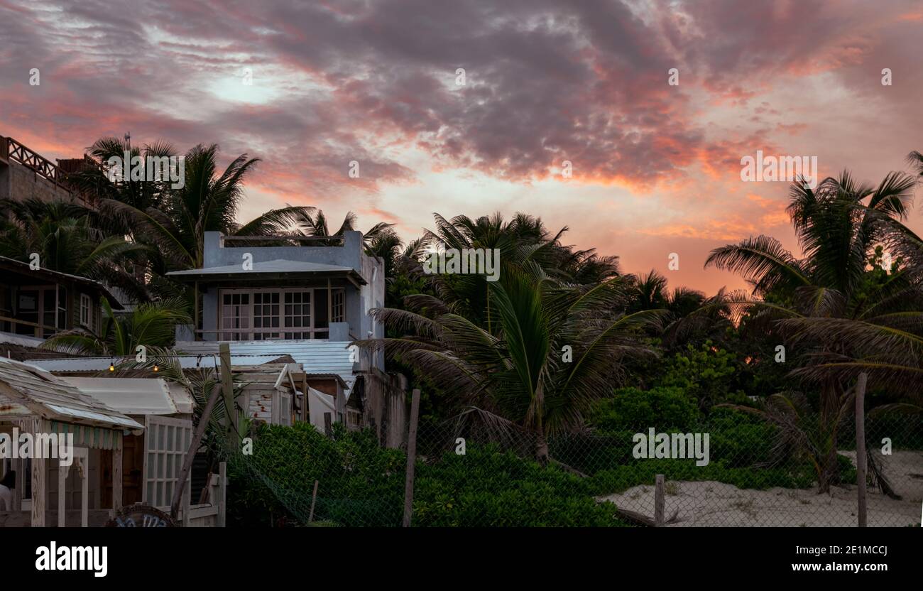 Sunset over the Tulum tourist district Stock Photo - Alamy