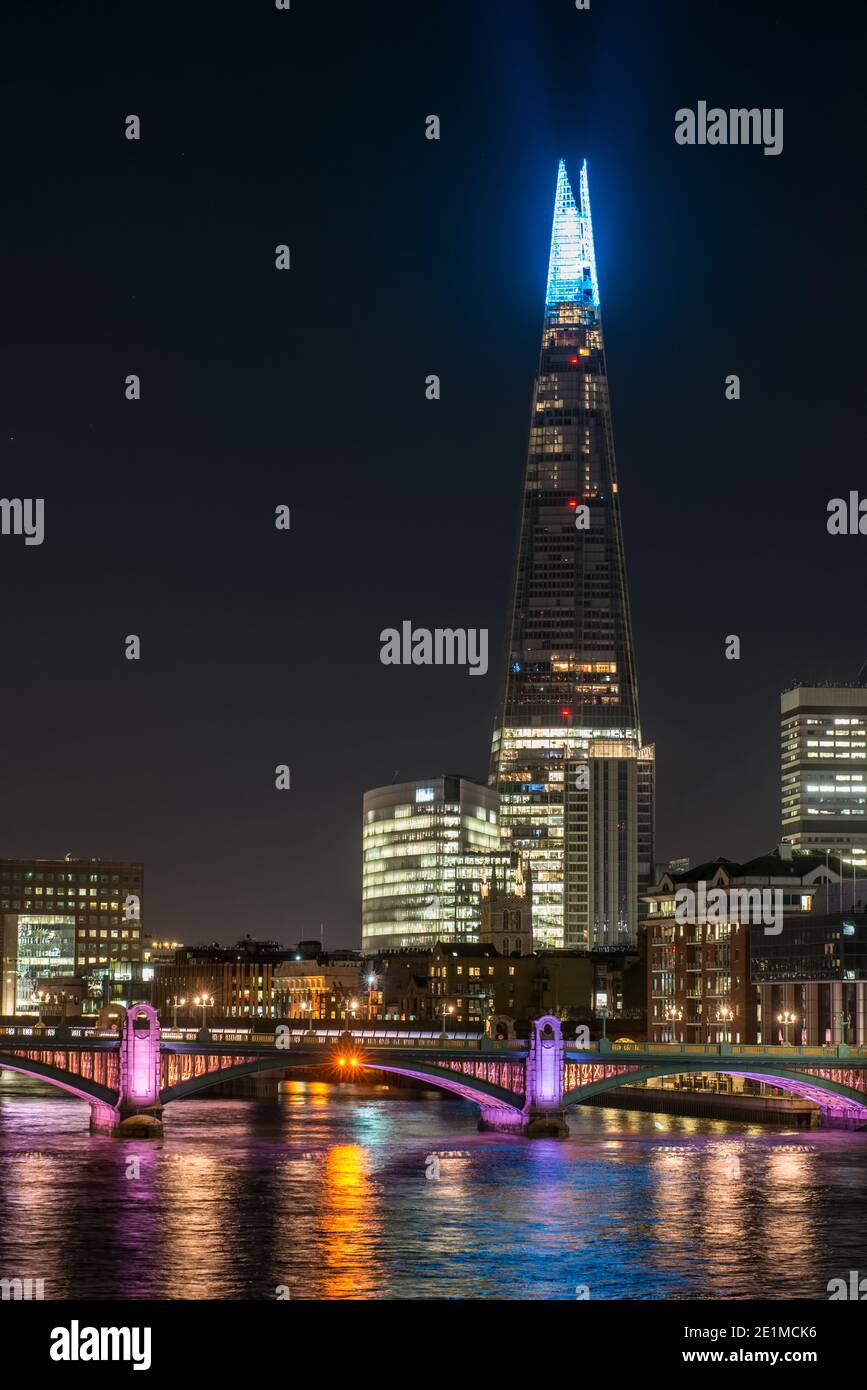 NHS tribute light on top of the Shard tower in London, England Stock ...