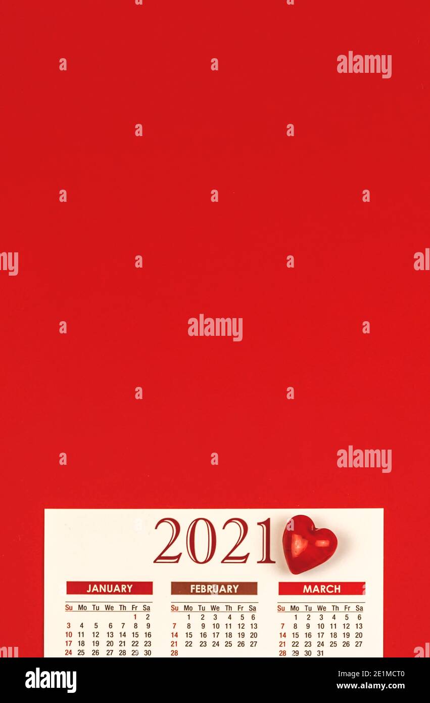 Valentine's Day background on red concept with calendar 2021 and red ...